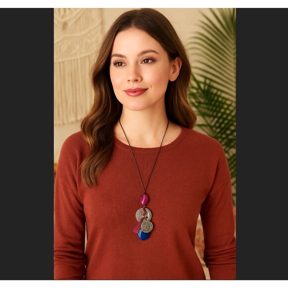 J. Jill | Jewelry | J Jill Charm Necklace Lapis Stone Medallion Beaded ...